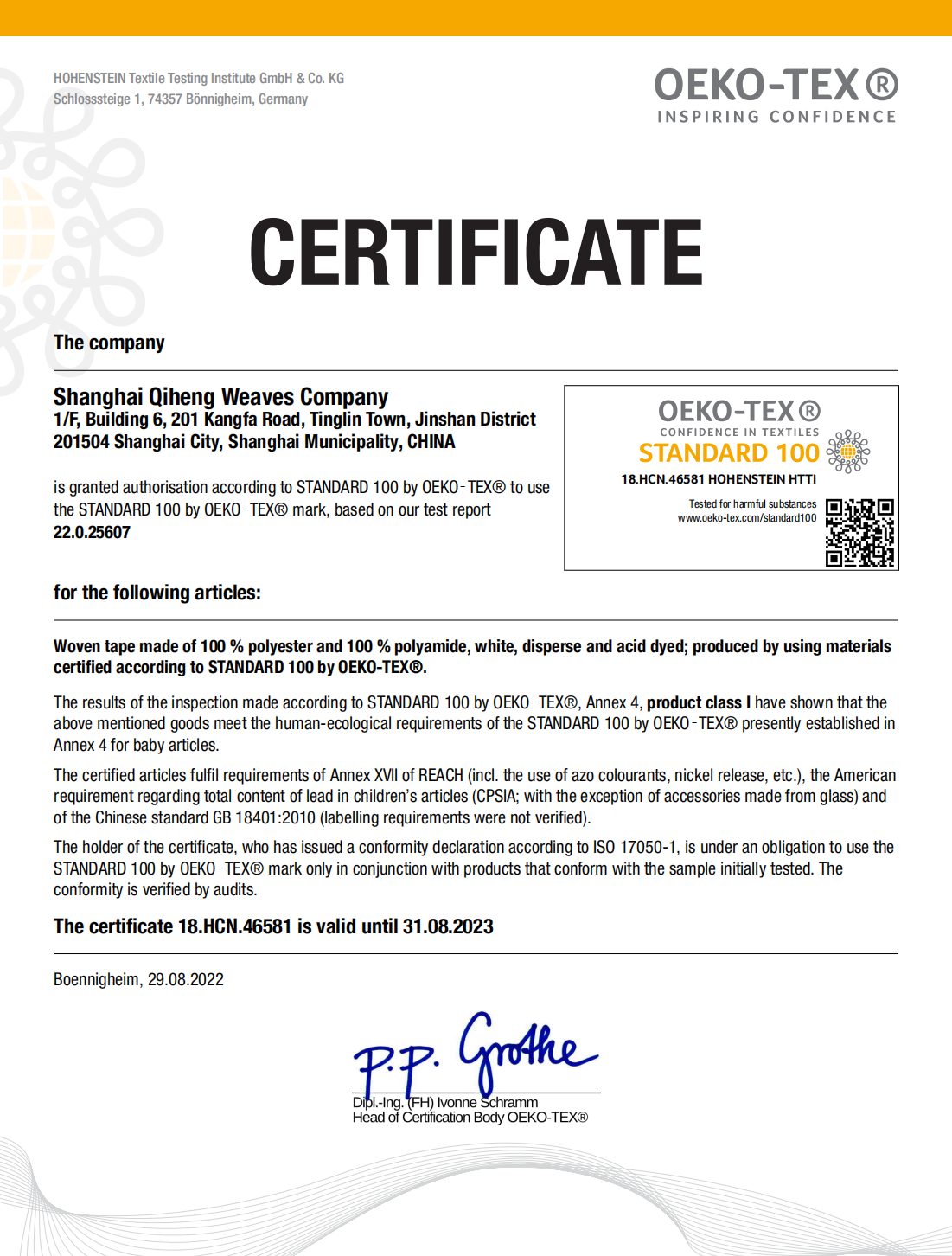 Certification - Original Webbing